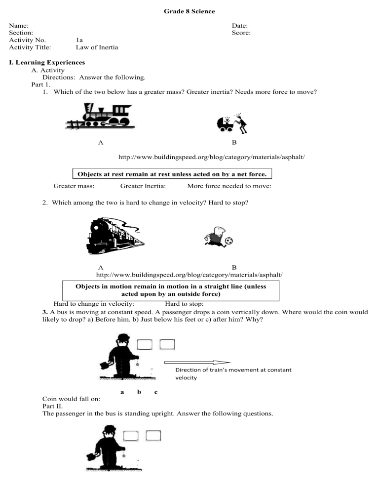 Grade 8 Science: Law of Inertia Worksheet