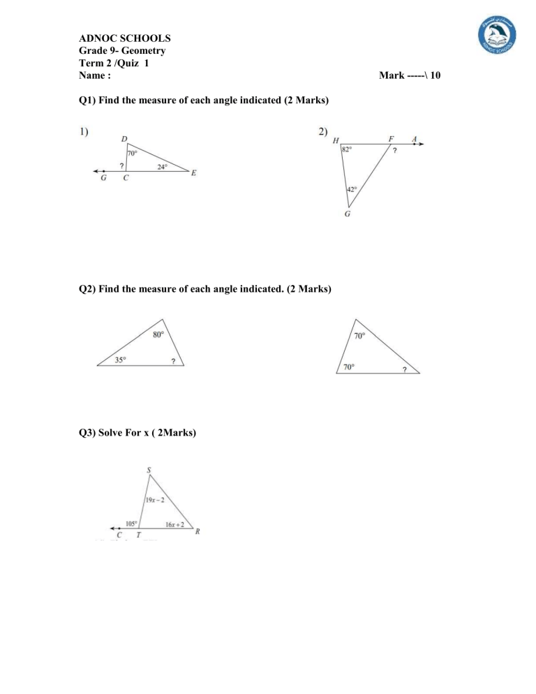 Grade 9 Geometry Quiz: Angles & Congruence