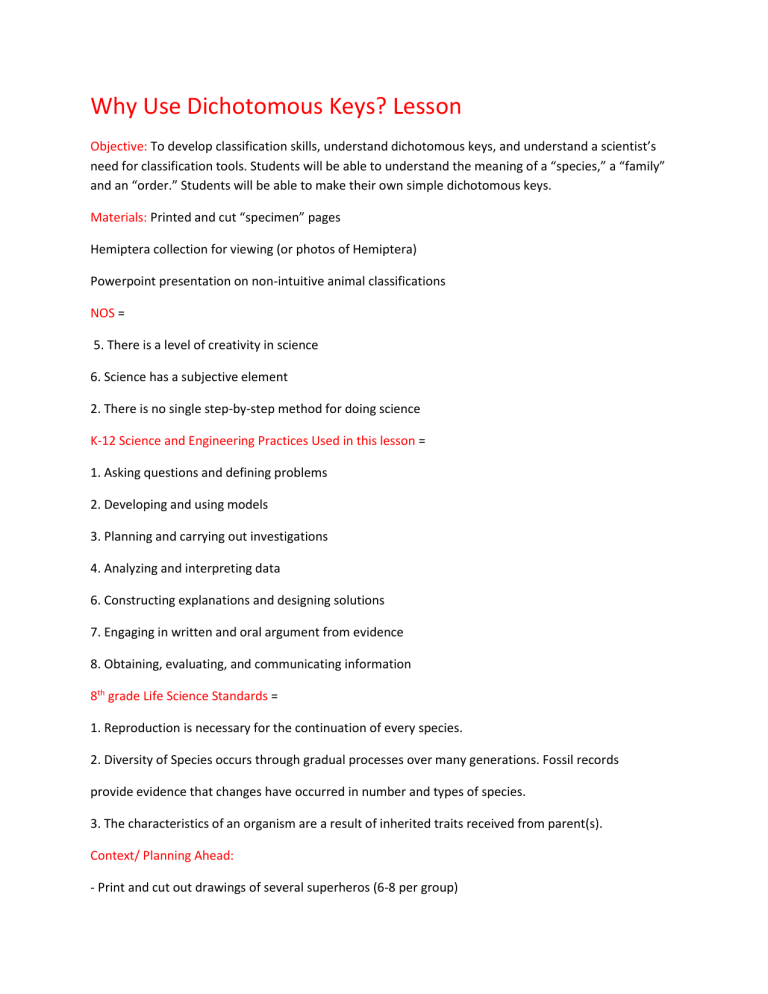 Dichotomous Keys Lesson Plan: Classification Skills