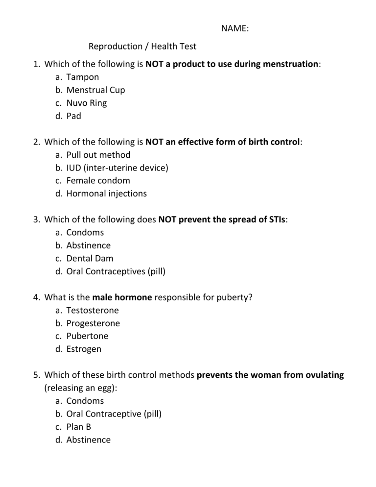 Reproduction/Health Test: High School Biology