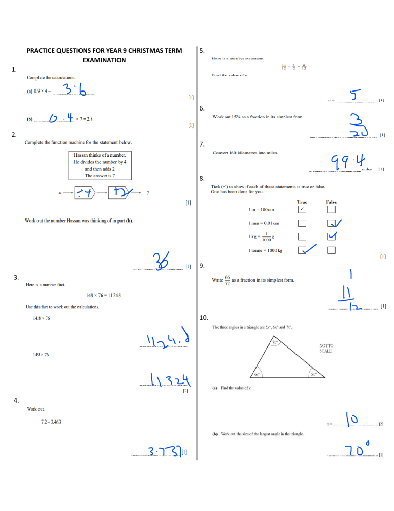 Year 9 Math Practice Questions - Christmas Term Exam