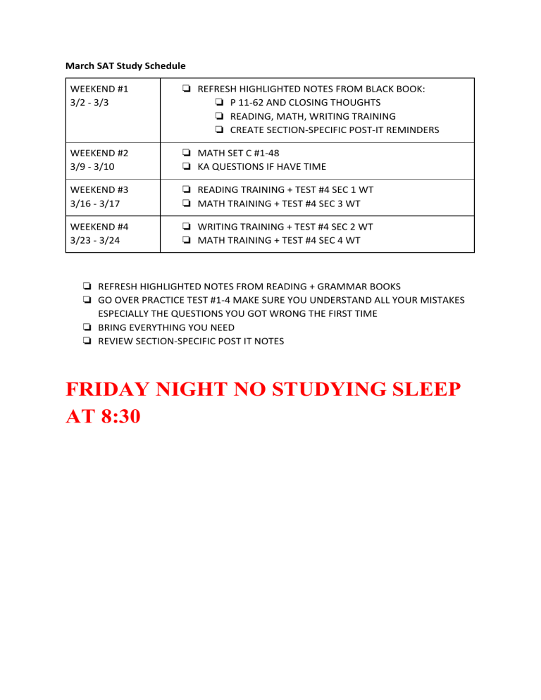 March SAT Study Schedule