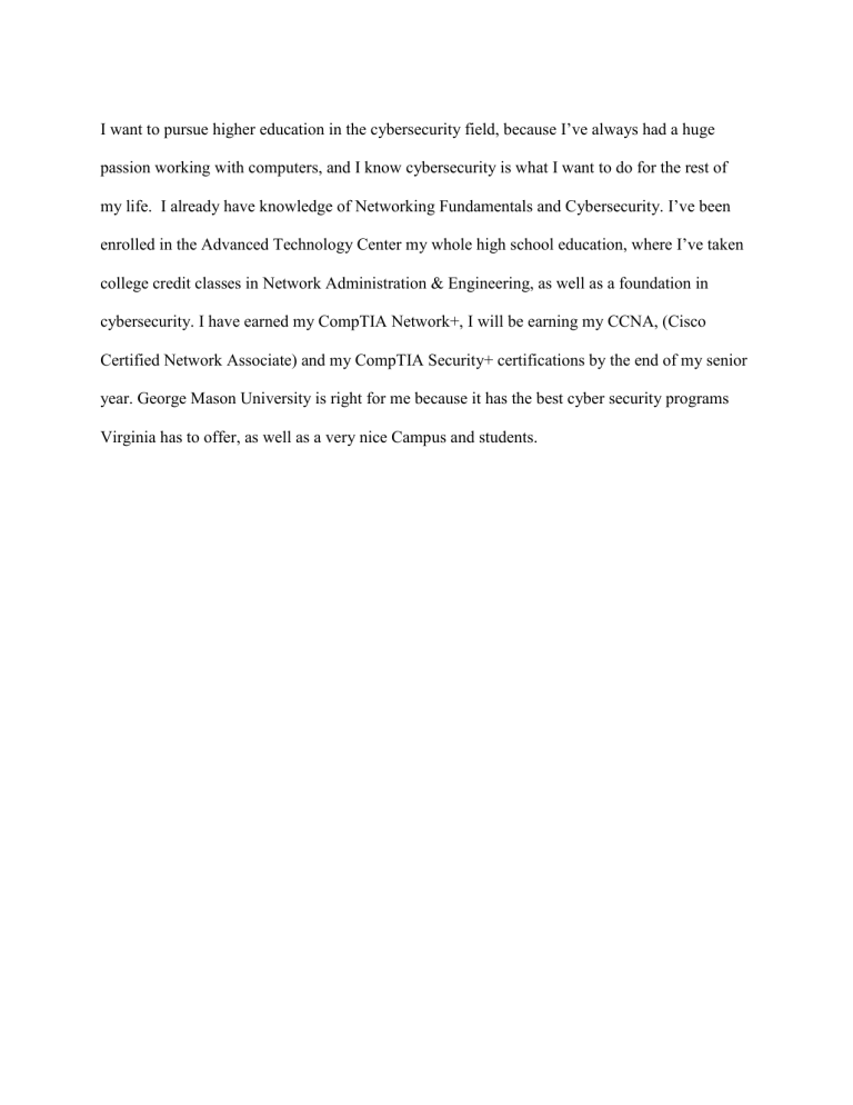 Cybersecurity Personal Statement for University Application