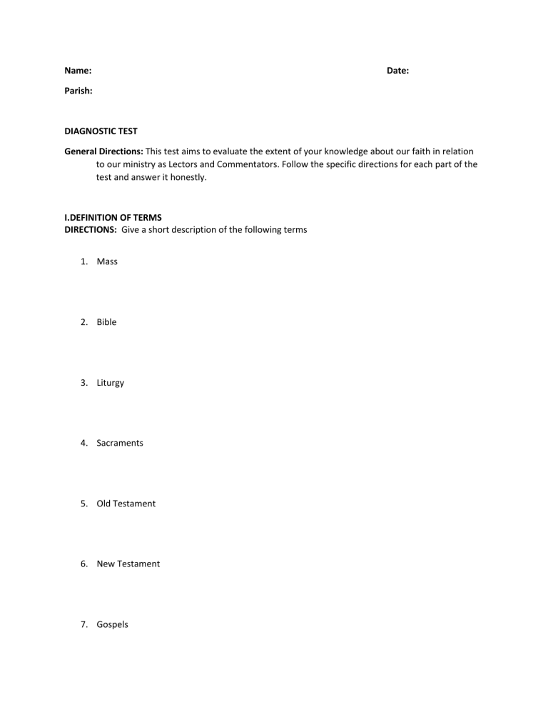 Lector & Commentator Diagnostic Test: Faith & Liturgy
