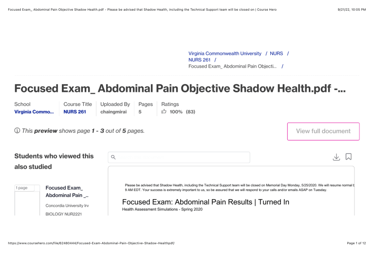 Abdominal Pain Exam Results - Shadow Health