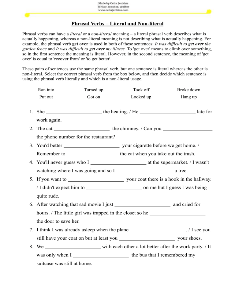 Phrasal Verbs: Literal vs. Non-Literal Worksheet