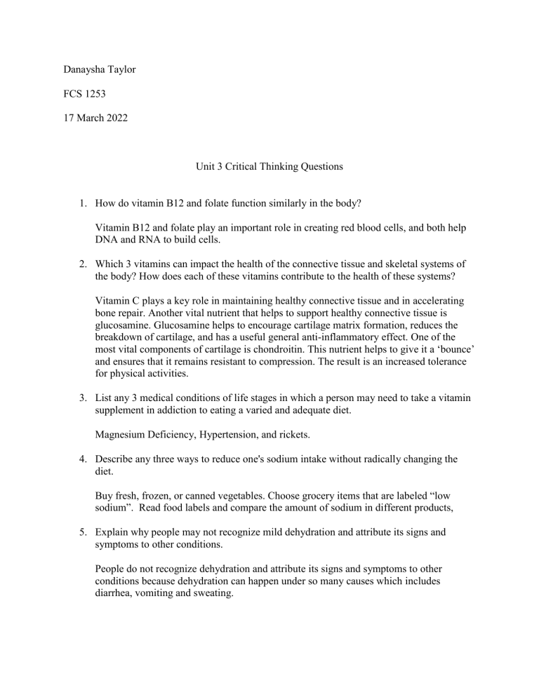 Nutrition Critical Thinking Questions & Answers