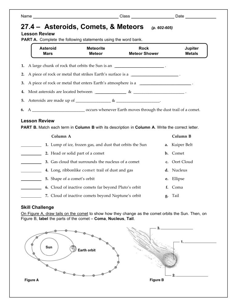 Asteroids, Comets, & Meteors Worksheet
