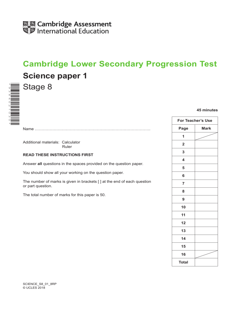 Stage 8 Science Progression Test Paper 1