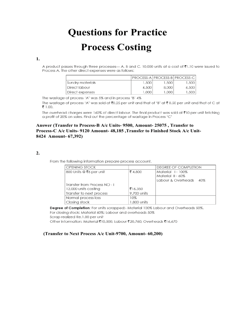 Process Costing Practice Questions and Solutions