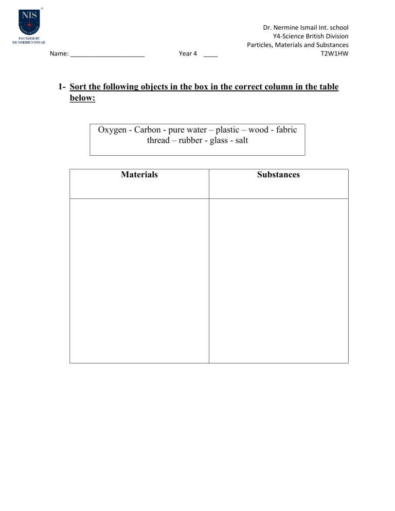 Materials and Substances Worksheet
