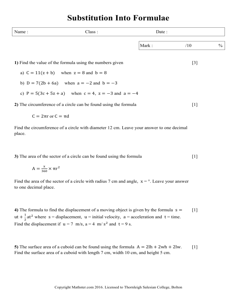 Substitution into Formulae Worksheet
