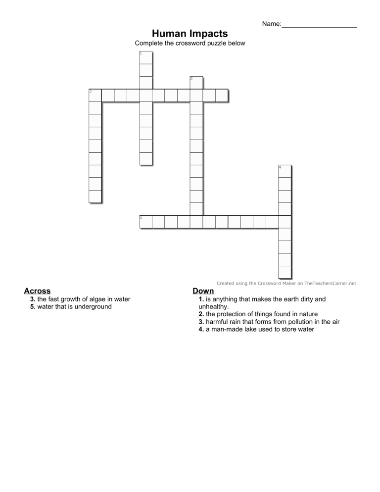 Human Impacts Crossword Puzzle Worksheet