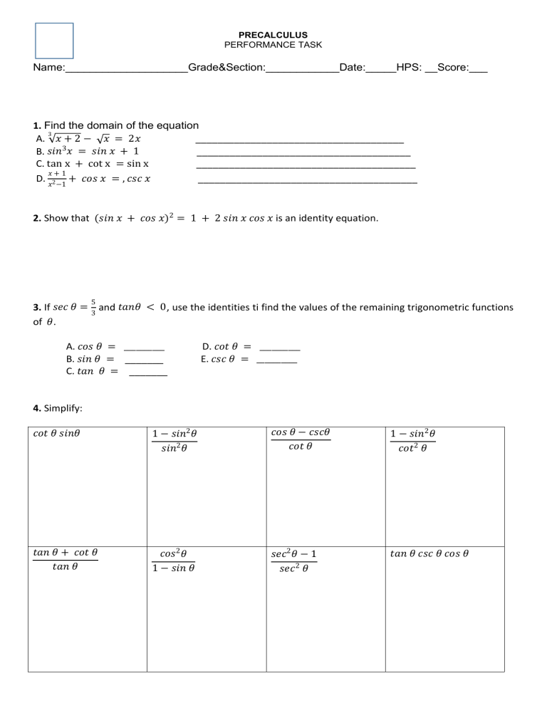 Precalculus Performance Task: Trigonometry & Domains