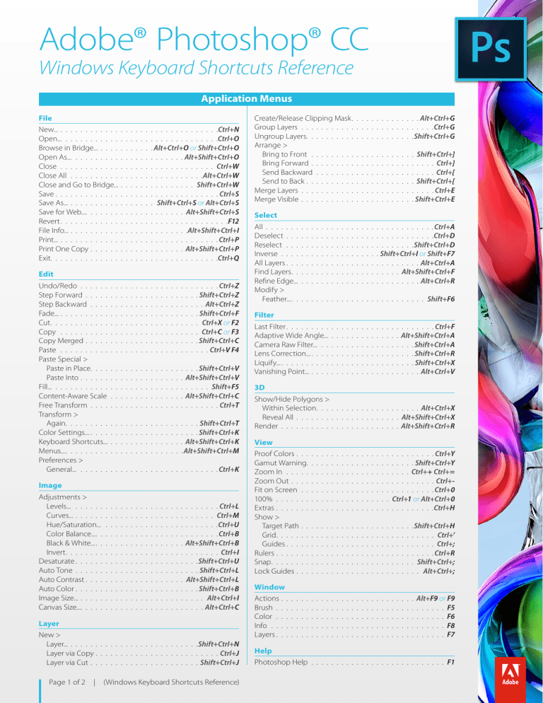 Photoshop CC Windows Keyboard Shortcuts Reference