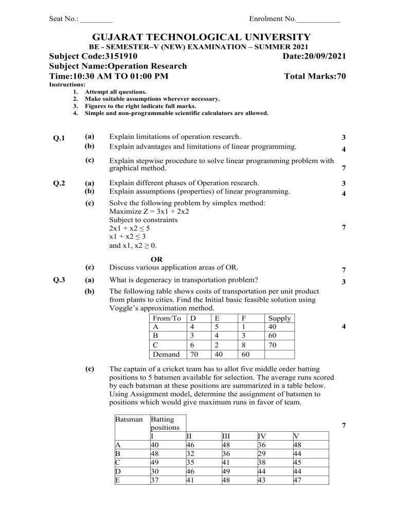 Operation Research Exam Paper