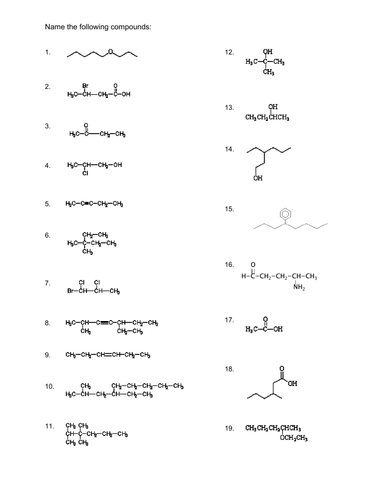 Organic Compound Naming Worksheet