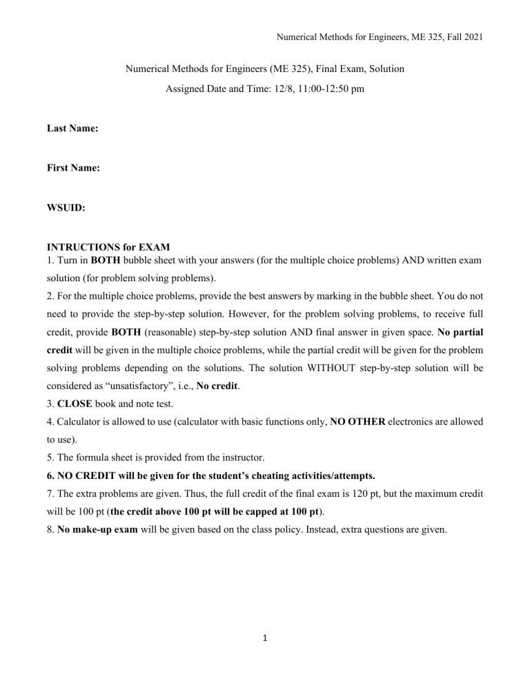 ME 325 Numerical Methods Exam Solution