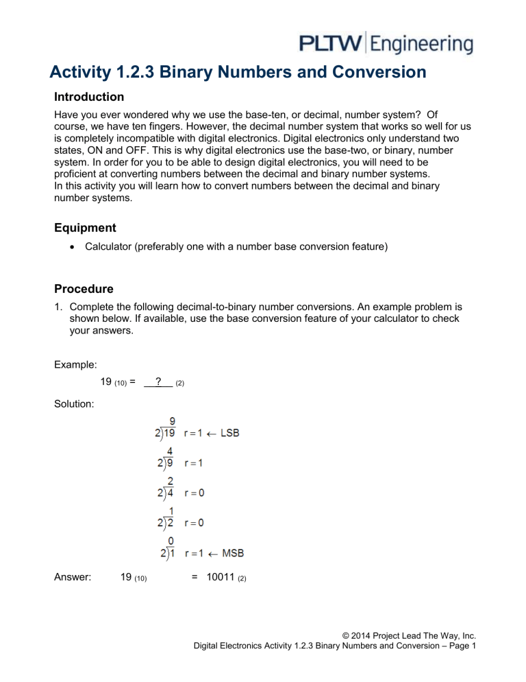 Binary Numbers and Conversion Activity