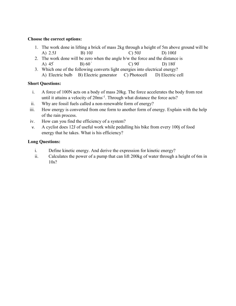 Physics Worksheet: Work, Energy, Power