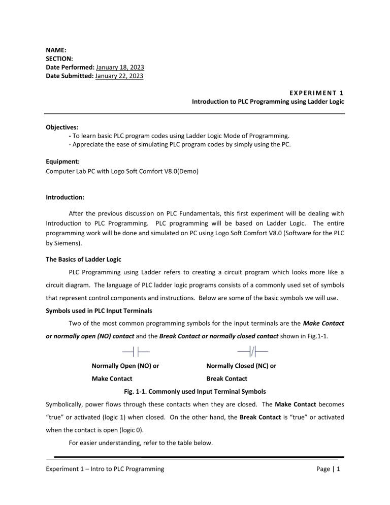 PLC Ladder Logic Programming: Experiment 1