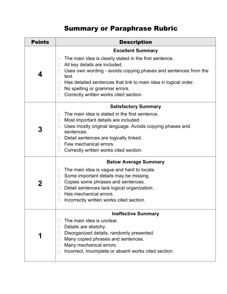 Summary Rubric: Evaluating Paraphrases