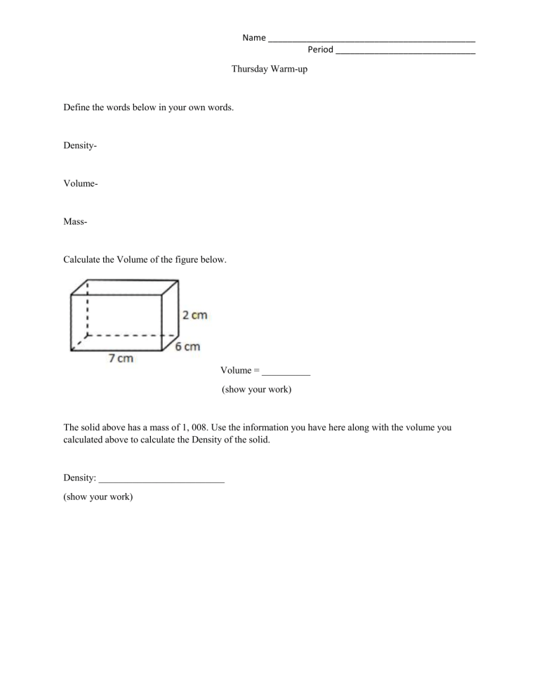 Density, Volume, Mass Worksheet