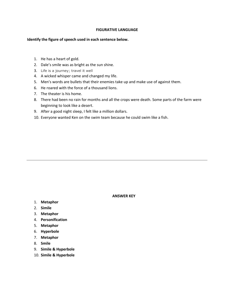 Figurative Language Worksheet: Identify Figures of Speech