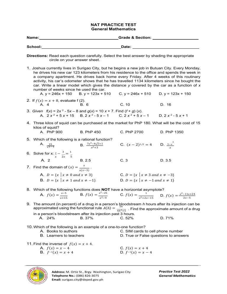 General Mathematics Practice Test