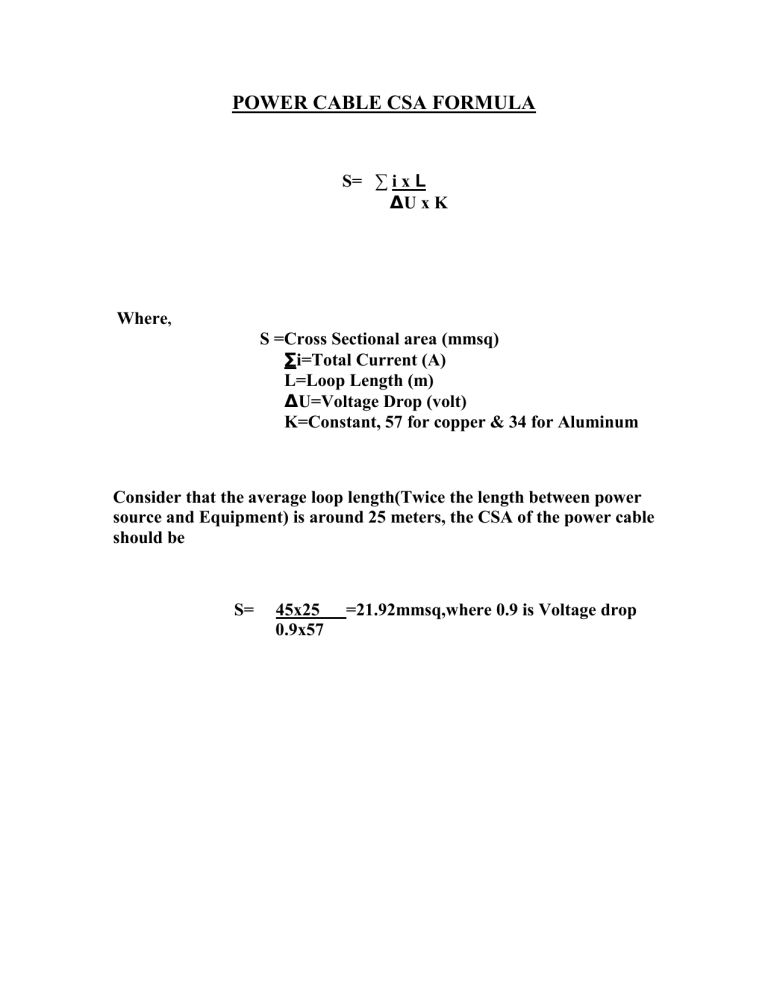 Power Cable CSA Formula Calculation