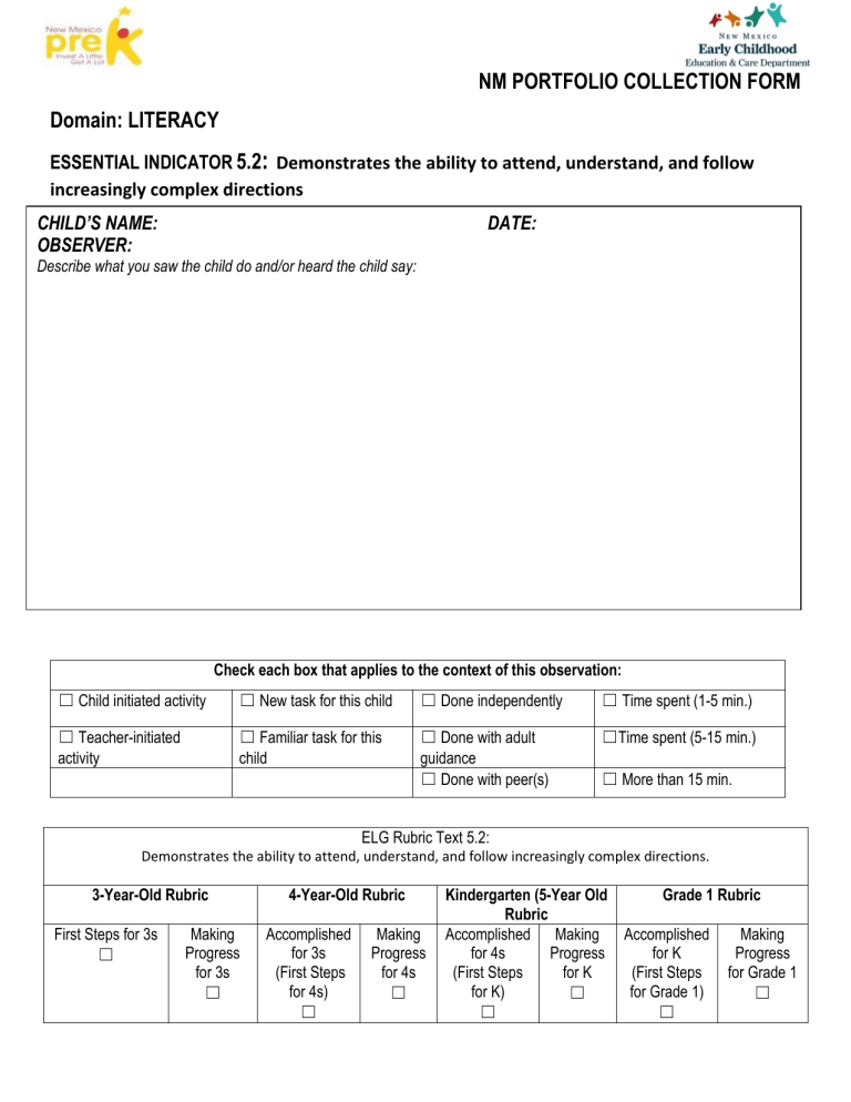 Literacy Portfolio Collection Form - Early Childhood