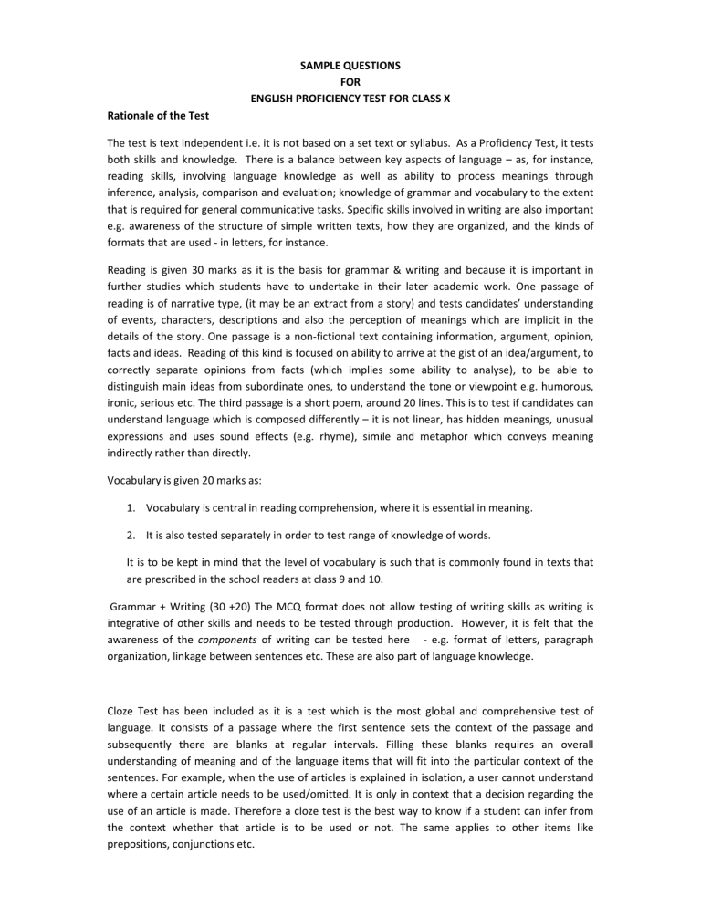 English Proficiency Test Sample Questions for Class X