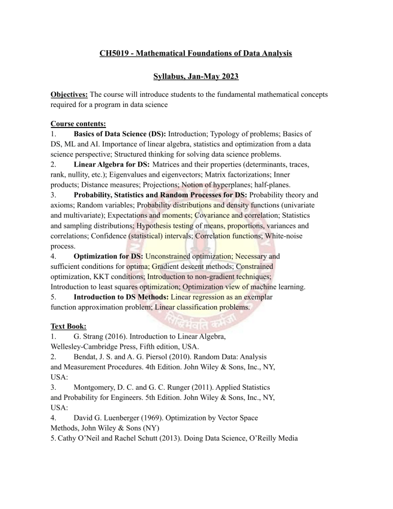 Mathematical Foundations of Data Analysis Syllabus