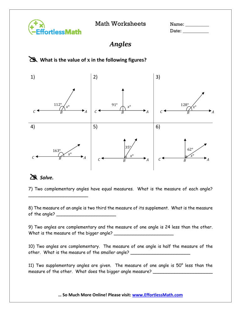 Angles Math Worksheet