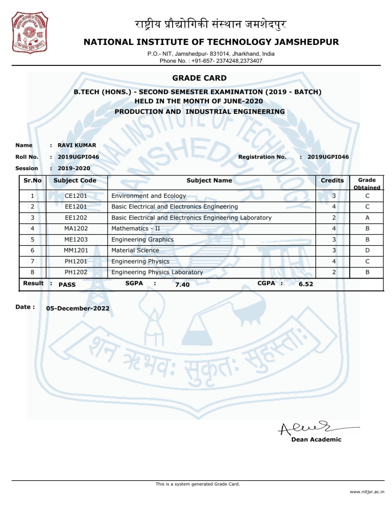 NIT Jamshedpur Grade Card - Ravi Kumar