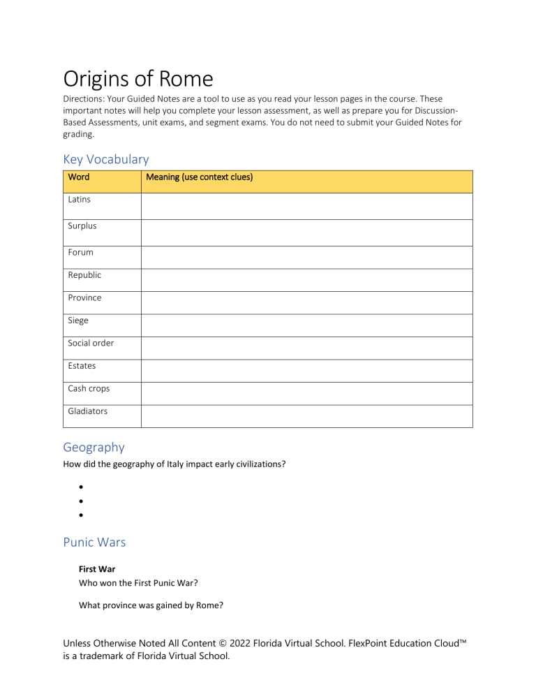 Origins of Rome: Guided Notes on Punic Wars & Geography