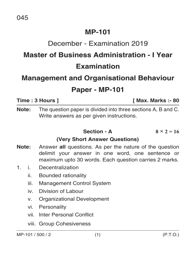 MBA Management & Organisational Behaviour Exam Paper
