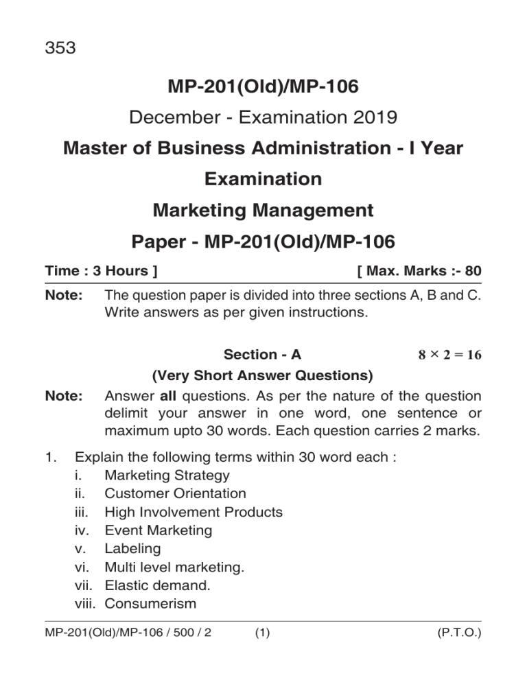 MBA Marketing Management Exam Paper