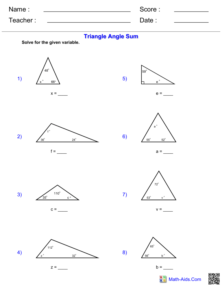Triangle Angle Sum Worksheet: Solve for Missing Angles