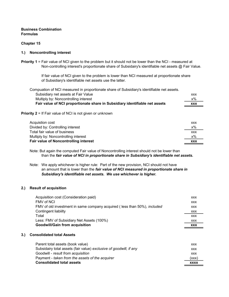 Business Combination Formulas