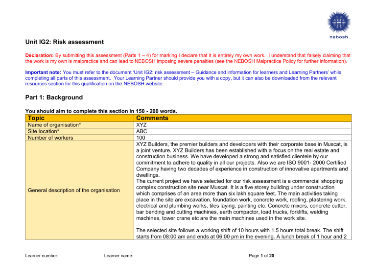 Construction Site Risk Assessment - NEBOSH IG2