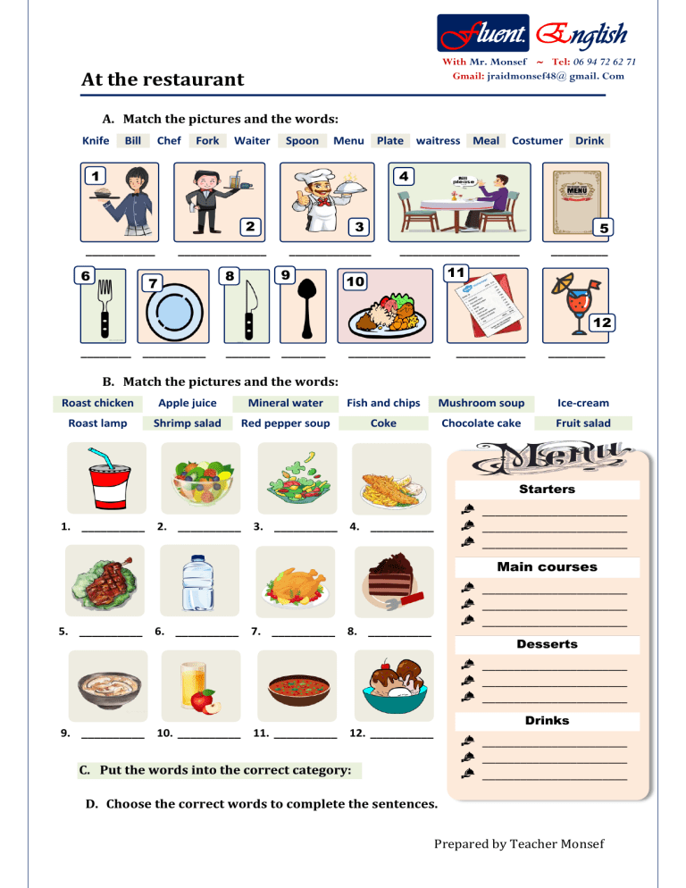 Restaurant English Worksheet: Vocabulary & Ordering