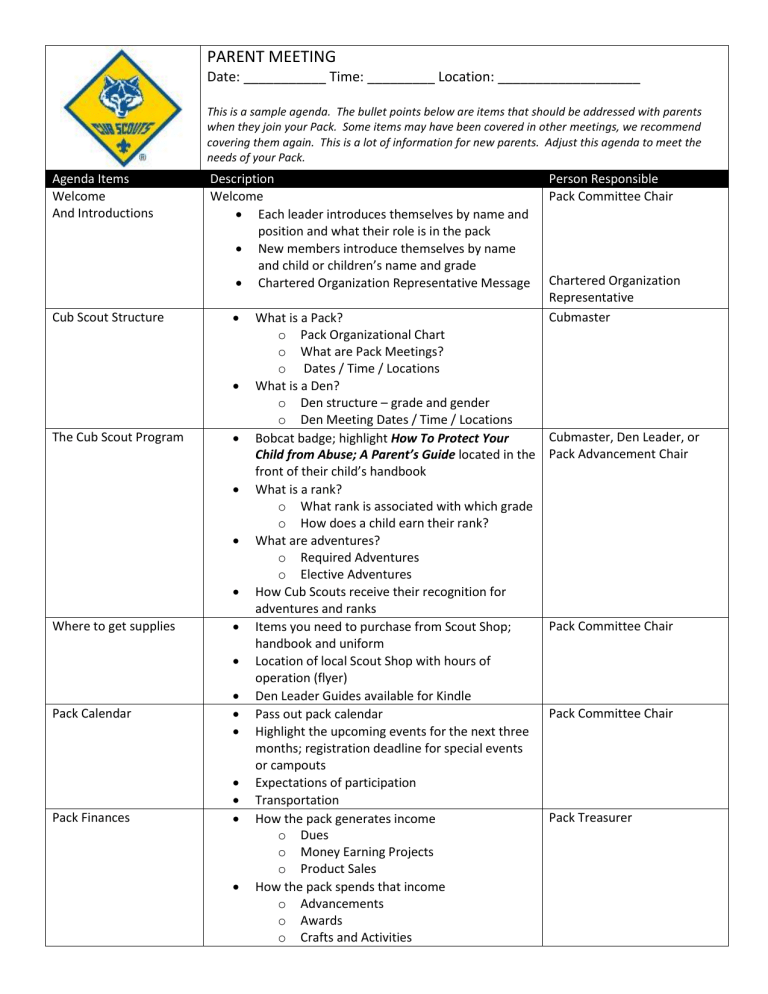 Cub Scout Parent Meeting Agenda | Pack Information & Volunteering