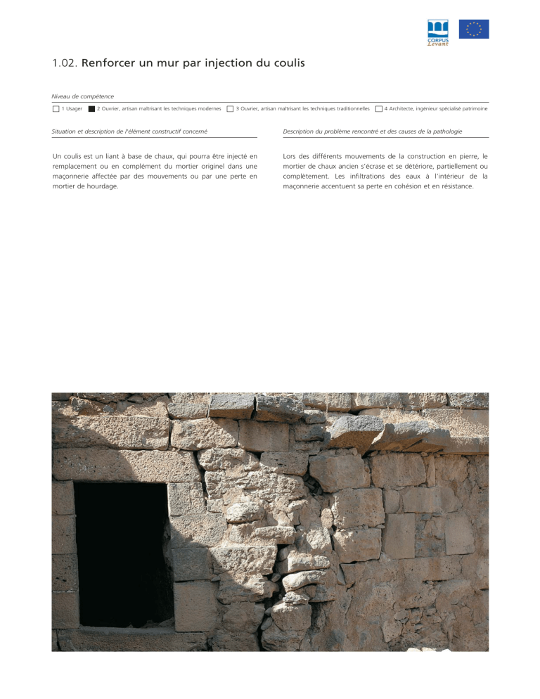 Renforcement mur par injection coulis de chaux