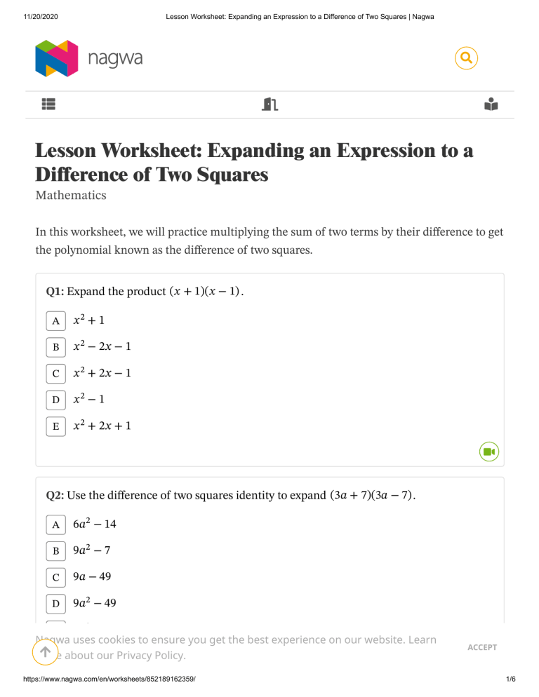 Expanding Difference of Two Squares Worksheet