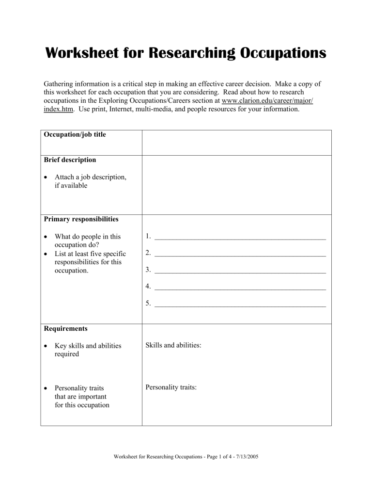 Occupation Research Worksheet