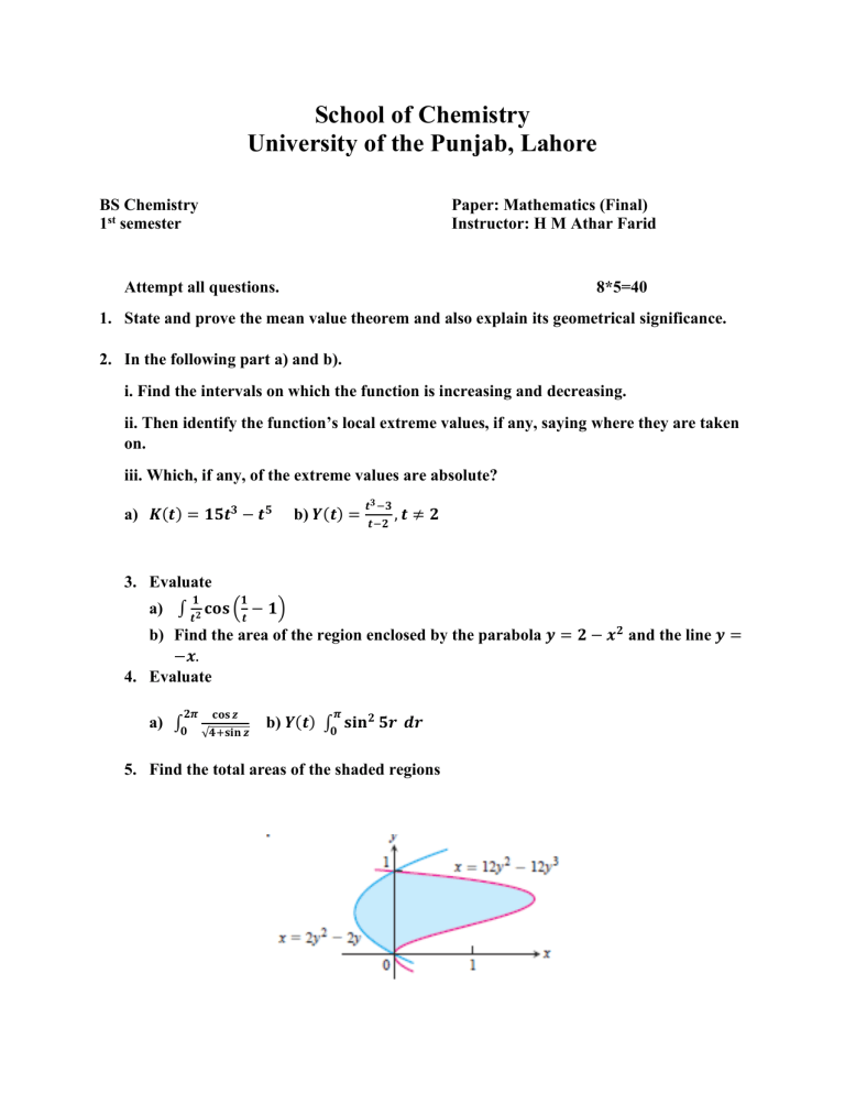 BS Chemistry Mathematics Exam - Punjab University