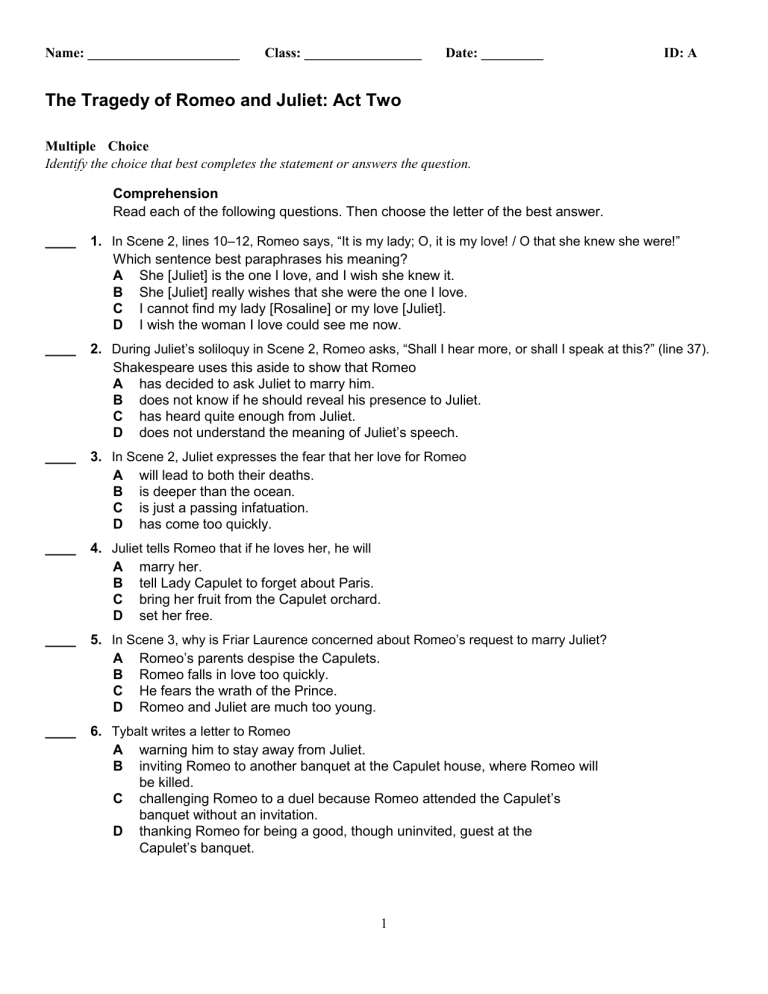 Romeo and Juliet Act Two Worksheet