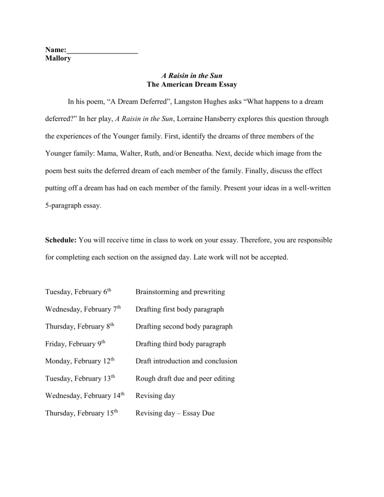 A Raisin in the Sun Essay Assignment