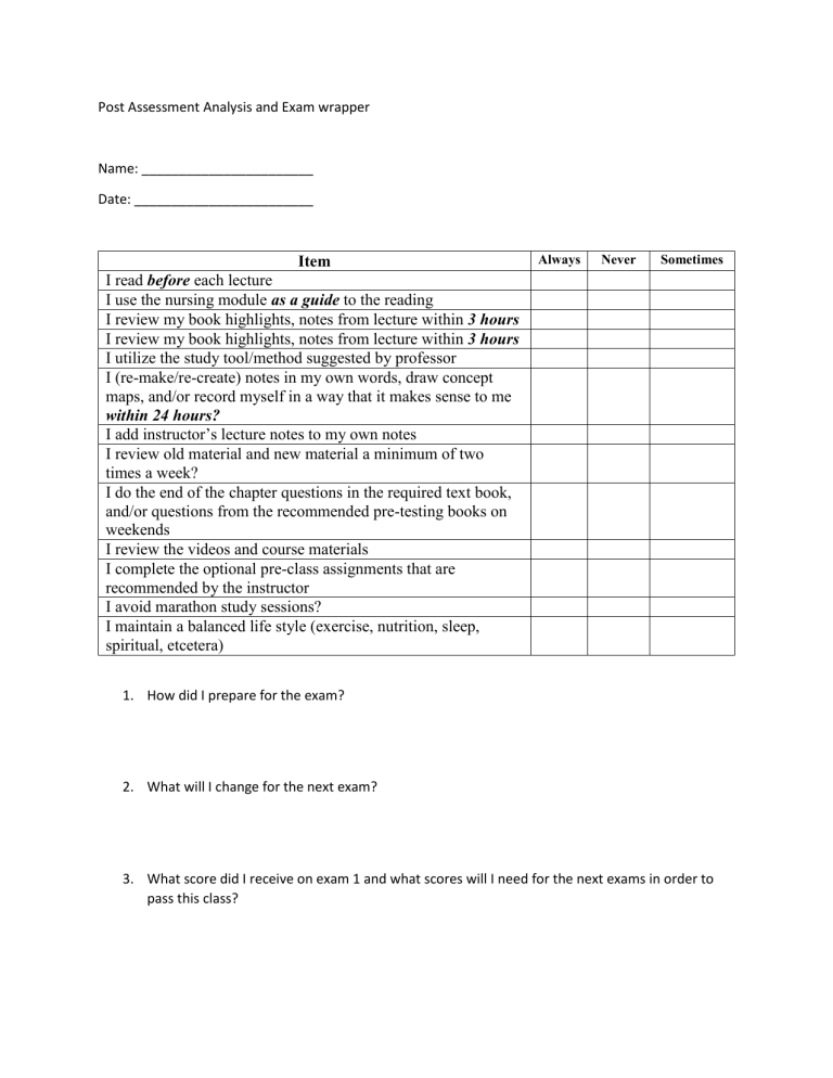 Nursing Exam Post-Assessment Analysis & Wrapper